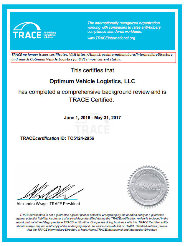 trace cert | Optimum Vehicle Logistics